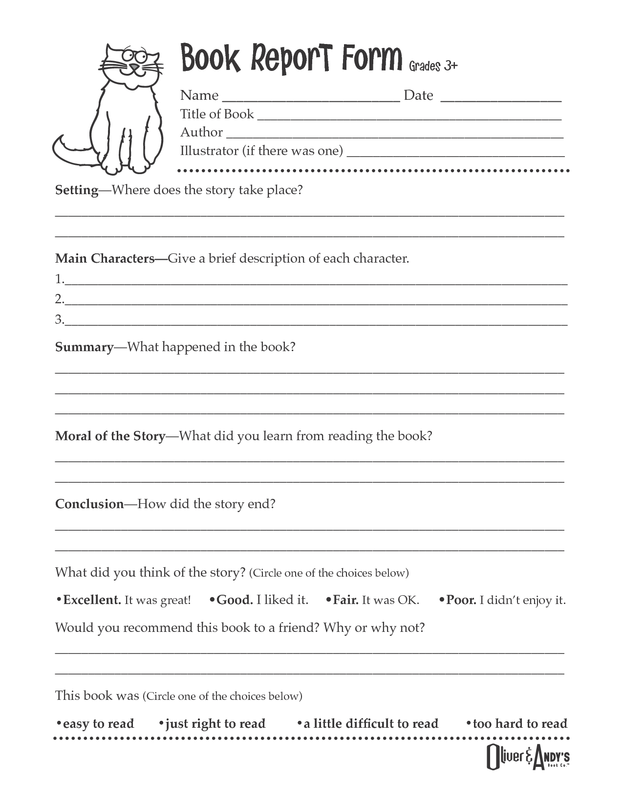 Second Grade Book Report Template Book Report Form Grades 3 Free 