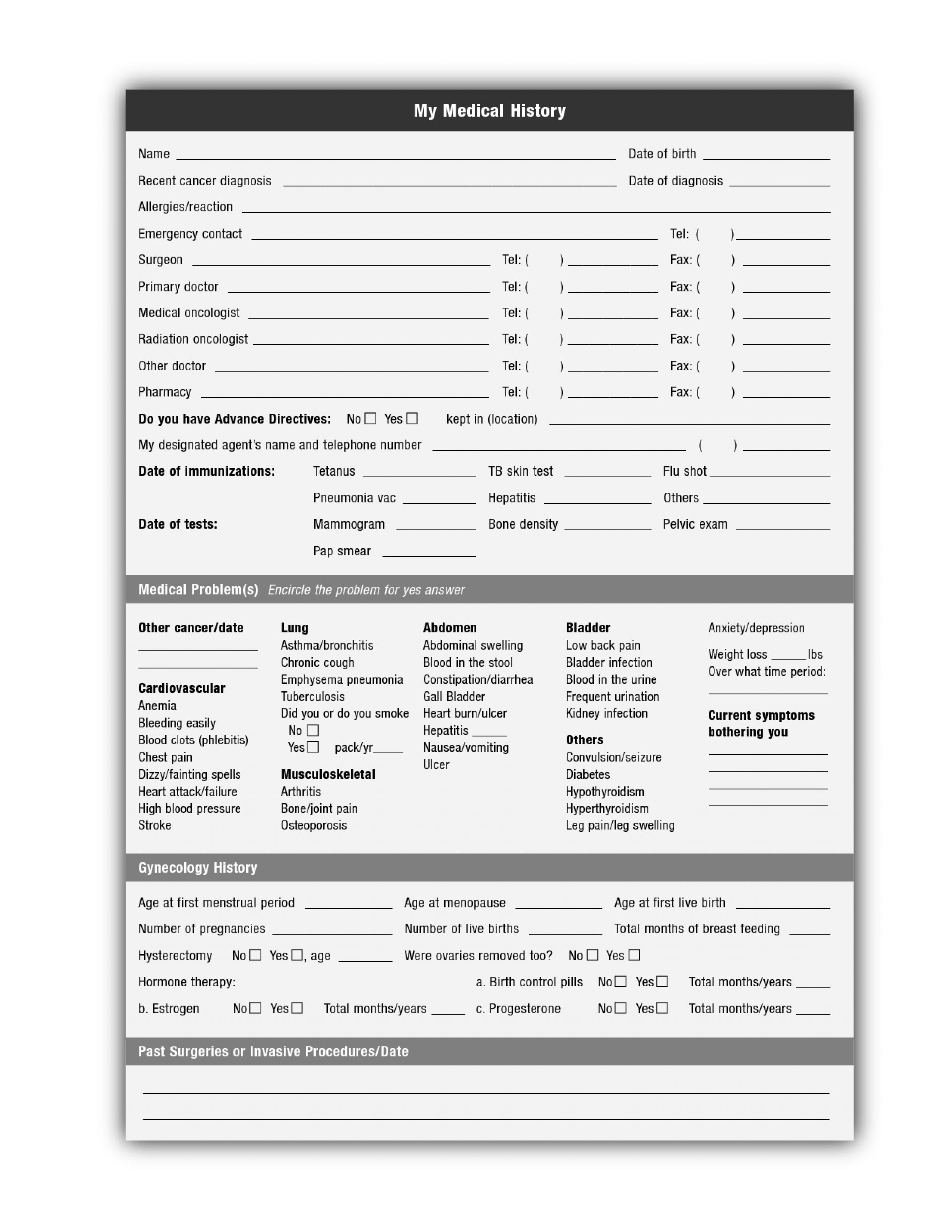 Medical History Form Templates Free Printable Riset