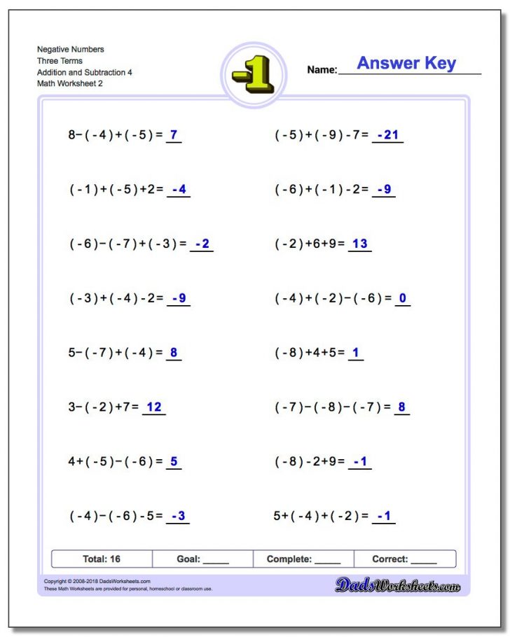 Adding And Subtracting Negative Numbers Worksheets Free Printable