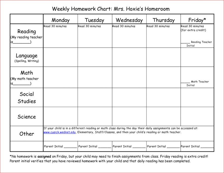 Printable Weekly Assignment Sheets For Students Archives Free 