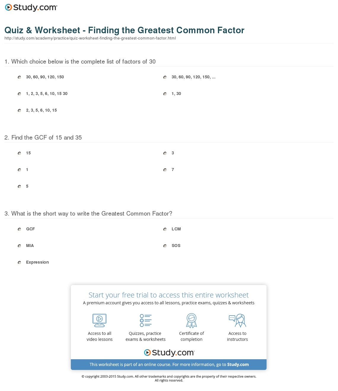 Free Printable Greatest Common Factor Worksheets Free Printable